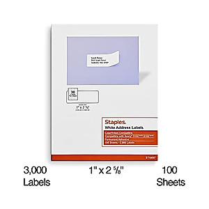 Staples White Inkjet/Laser Address Labels, 1" X 2-5/8", 3,000/Box