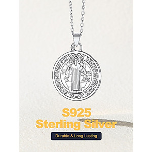U7 Men Women St Benedict Necklace 925 Sterling Silver Round Medal Protect Saint Nursia Benedict Pendant and Chain 18 Inch