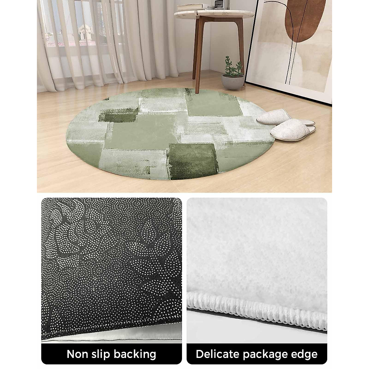 Sage Green Geometric Fluffy Round Area Rug Carpets 3ft, Plush Shaggy Carpet Soft Circular Rugs, Non-Slip Fuzzy Accent Floor Mat for Living Room Bedroom Nursery Decor Modern Abstract Smear Street Art
