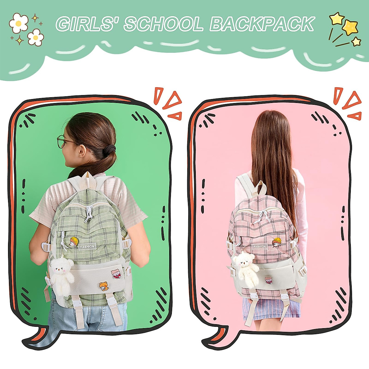 5Pcs Canvas School Backpack Combo Set with Kawaii Bear Pendant Cute Pins Plaid Check Handle Shoulder Tote Bag Schoolbag (Green)