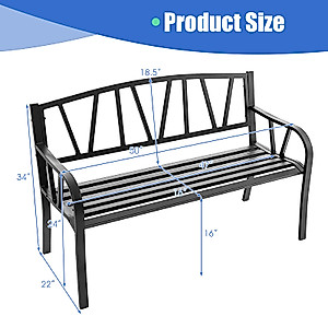 Giantex Garden Bench for Outside 50 Inch - Outdoor Bench with Metal Frame, Patio Metal Bench with Backrest, Armrests and Slatted Seat for Park, Porch, Backyard, 660 lbs Max Load, Black