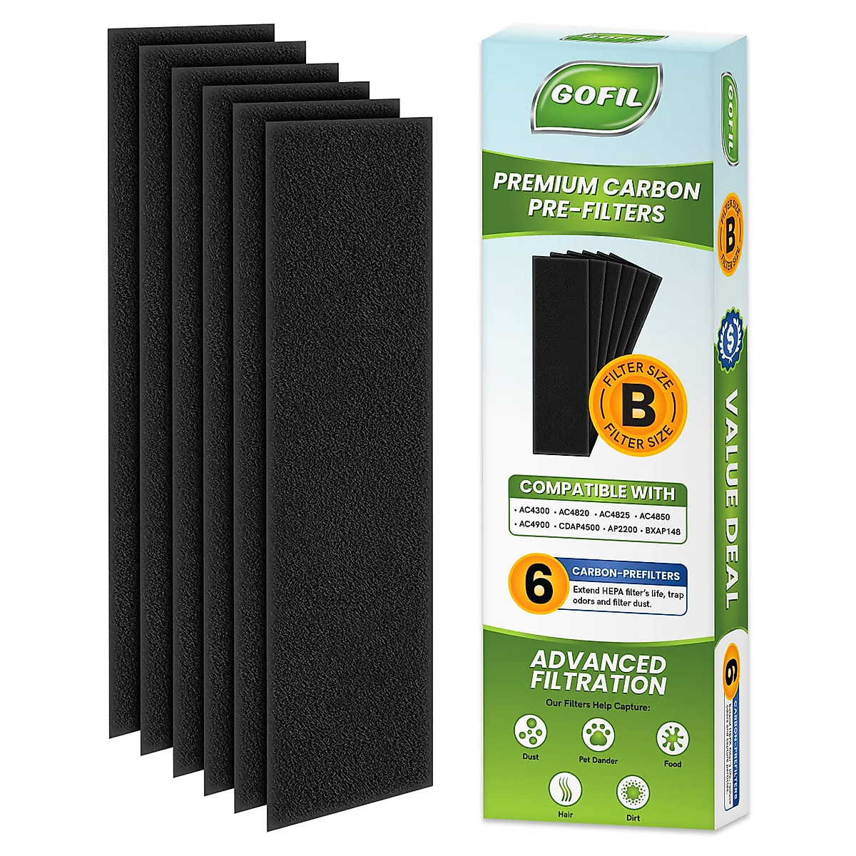 GOFIL 6 Pack Replacement Filter Includes 6 Carbon Pre-filters Compatible with Air Purifier Model AC4825, AC4300BPTCA, AC4900CA, AC4850PT, AC4820, AP2200CA Purifiers & Replacement Filter B