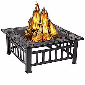 ZENY 32" Outdoor Fire Pit Square Table Metal Firepit Table Backyard Patio Garden Stove Wood Burning Fireplace w/ Waterproof Cover, Spark Screen and Poker