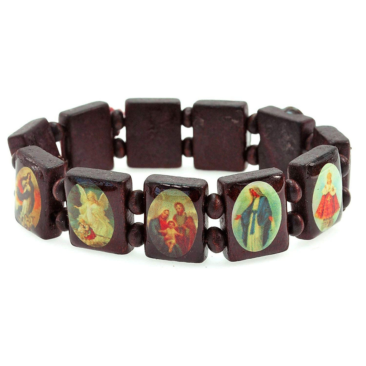 PURPLE WHALE Unisex Wooden Panel Stretchable Bracelet with Assorted Images of Saints, Jesus, Rosary | Adjustable Bracelet | Ideal Catholic Jewelry Gift (Reddish Brown)