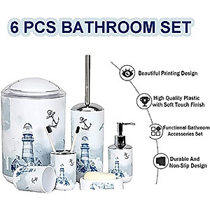 6 Piece Plastic Bathroom Accessory Set Luxury Lighthouse Bath Accessories Bath Set Lotion Bottles,Toothbrush Holder,Tooth Mug,Soap Dish,Toilet Brush,Rubbish for Modern Design