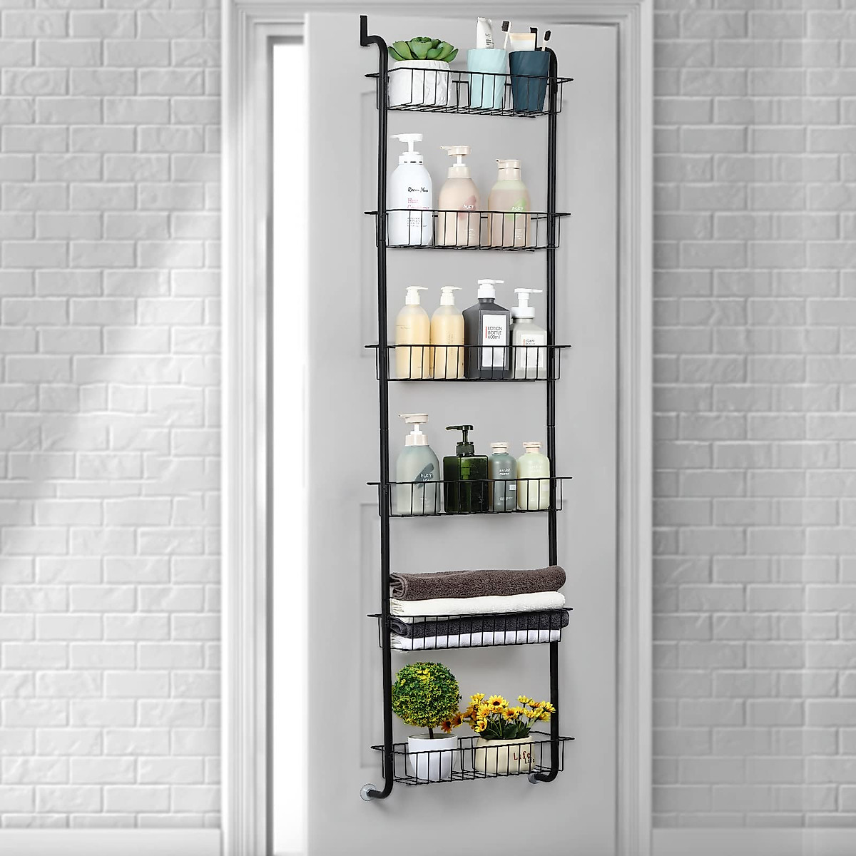 6-Tier Over the Door Pantry Organizer Rack, Hanging Storage Metal Rack with 6 Baskets, Door Organization Kitchen Spice Rack, for Kitchen Bathroom Bedroom(Black)