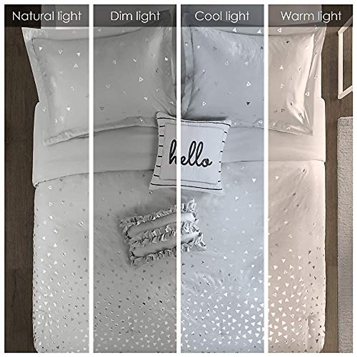 Intelligent Design Zoey Triangle Metallic Print, Cozy Comforter Set All Season Bedding Set, Matching Sham, Decorative Pillow, King/Cal King, Grey/Silver 5 Piece