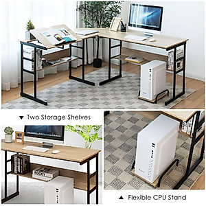 Tangkula 67 Inches L-Shaped Office Desk, Corner Computer Desk with Bottom Bookshelves & CPU Stand, Drafting Drawing Table with Tiltable Desktop, Corner Computer Workstation Home Office Desk