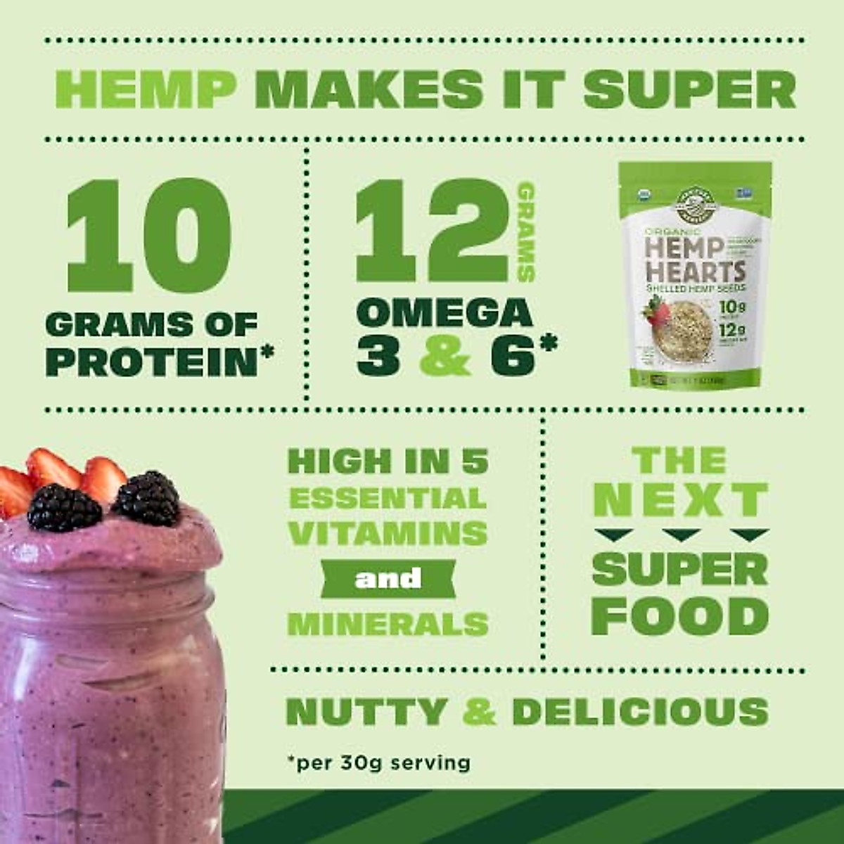 Organic Hemp Hearts, 12oz; 10g Plant Based Protein and 12g Omega 3 & 6 per Srv | Smoothies, yogurt & salad | Non-GMO, Vegan, Keto, Paleo, Gluten Free | Manitoba Harvest