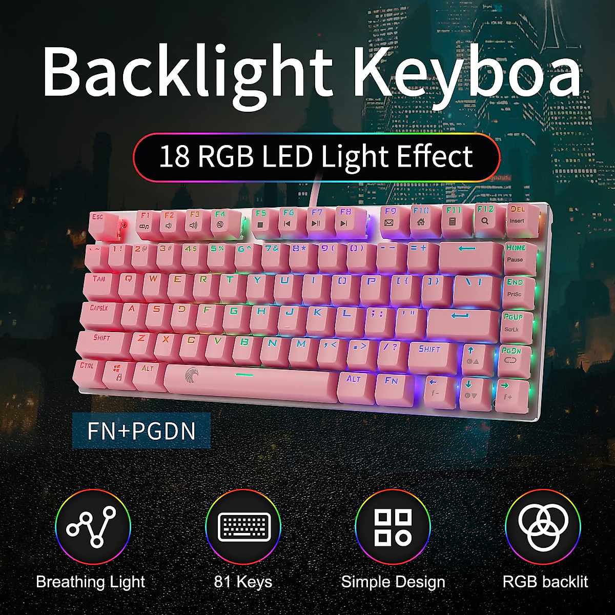 HUO JI 60% Mechanical Gaming Keyboard, LED Backlight 81 Keys Compact Keyboard USB Wired Keyboard Blue Switch, Pink