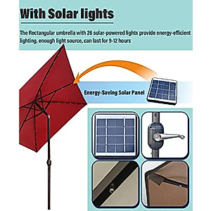 WAHHWF 10x6.5FT Garden Parasol Umbrella with Solar Lights, Rectangular Large Patio Table Umbrella, Deck Pool Outdoor Market Umbrella with Tilt and Crank (Color : Brown)
