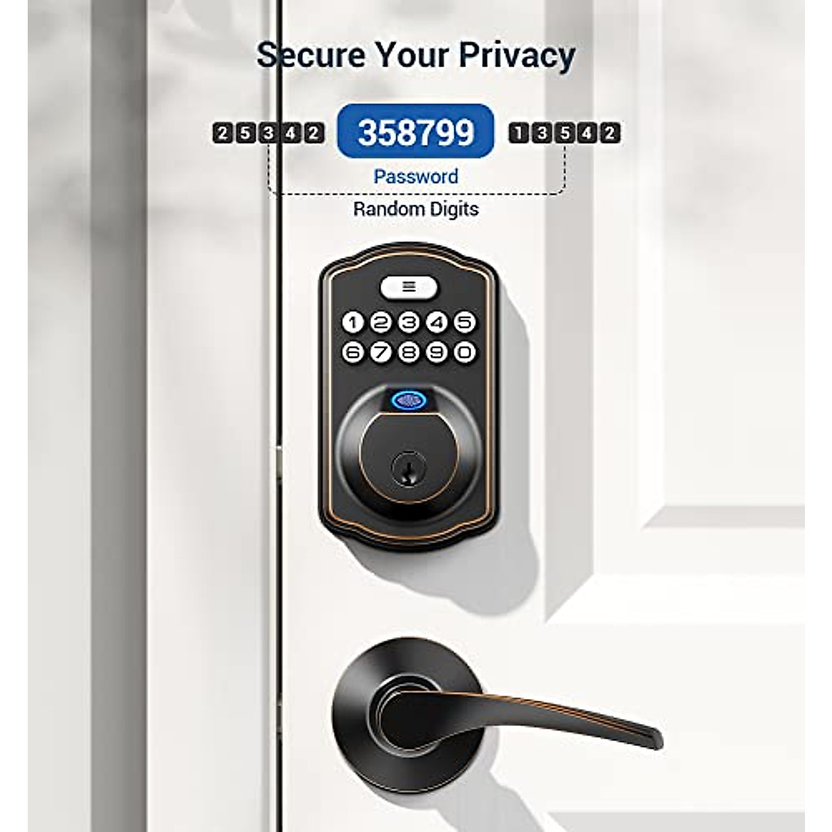 Veise Fingerprint Door Lock with 2 Lever Handles - Keyless Entry Door Lock, Electronic Keypad Deadbolt & Front Door Lock Handle Sets, Auto Lock & 1 Touch Locking, Easy Installation, Oil Rubbed Bronze