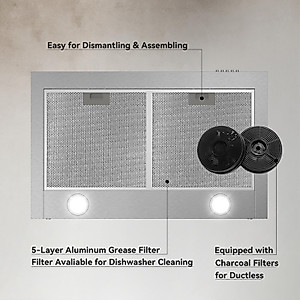 Hermitlux Range Hood 30 inch Stainless Steel, Wall Mount Vent Hood for Kitchen with Charcoal Filter, Ducted/Ductless Convertible