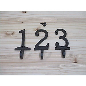 3 Cast Iron Coat Hooks 1 2 3 Numbers Numbered Rustic Hallway Entryway Old Style for Mudroom, Coat Hook, Purse Rack, Hat Hooks
