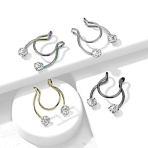 18GA Stainless Steel Prong Set CZ Crystal Horseshoe Clip On Non-Pierce Fake Septum Nipple Rings, Sold as a Pair (Gold Tone)