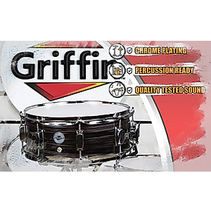 Deluxe Snare Drum by GRIFFIN | 14" x 5.5" Poplar Wood Shell with Zebra PVC Glossy Finish | Percussion Musical Instrument with Drummers Key for Students & Professionals | 8 Tuning Lugs & Snare Strainer