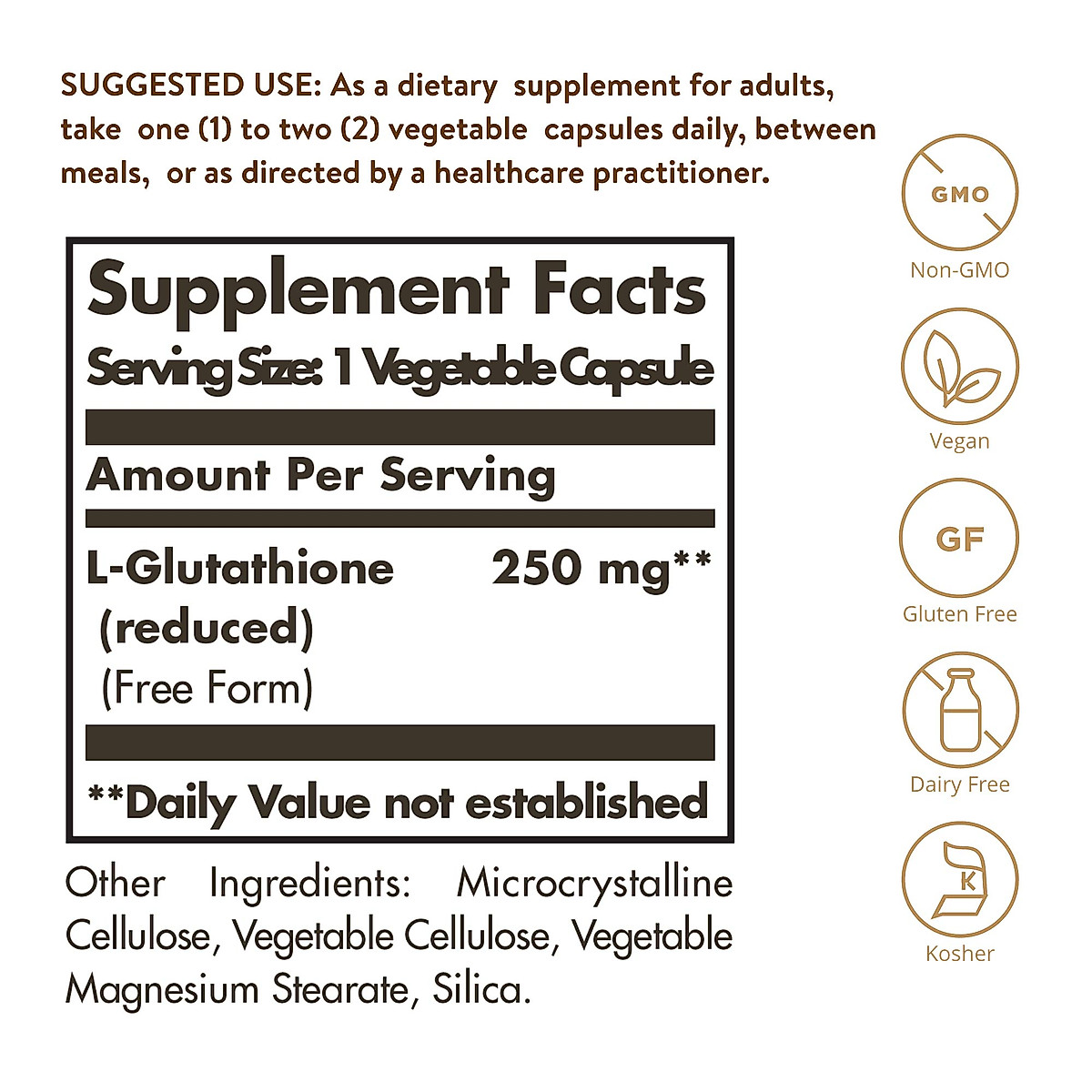 Solgar Reduced L-Glutathione 250 mg, 60 Vegetable Capsules - Antioxidant Support - Free Form Amino Acids - Non-GMO, Vegan, Gluten Free, Dairy Free, Kosher - 60 Servings