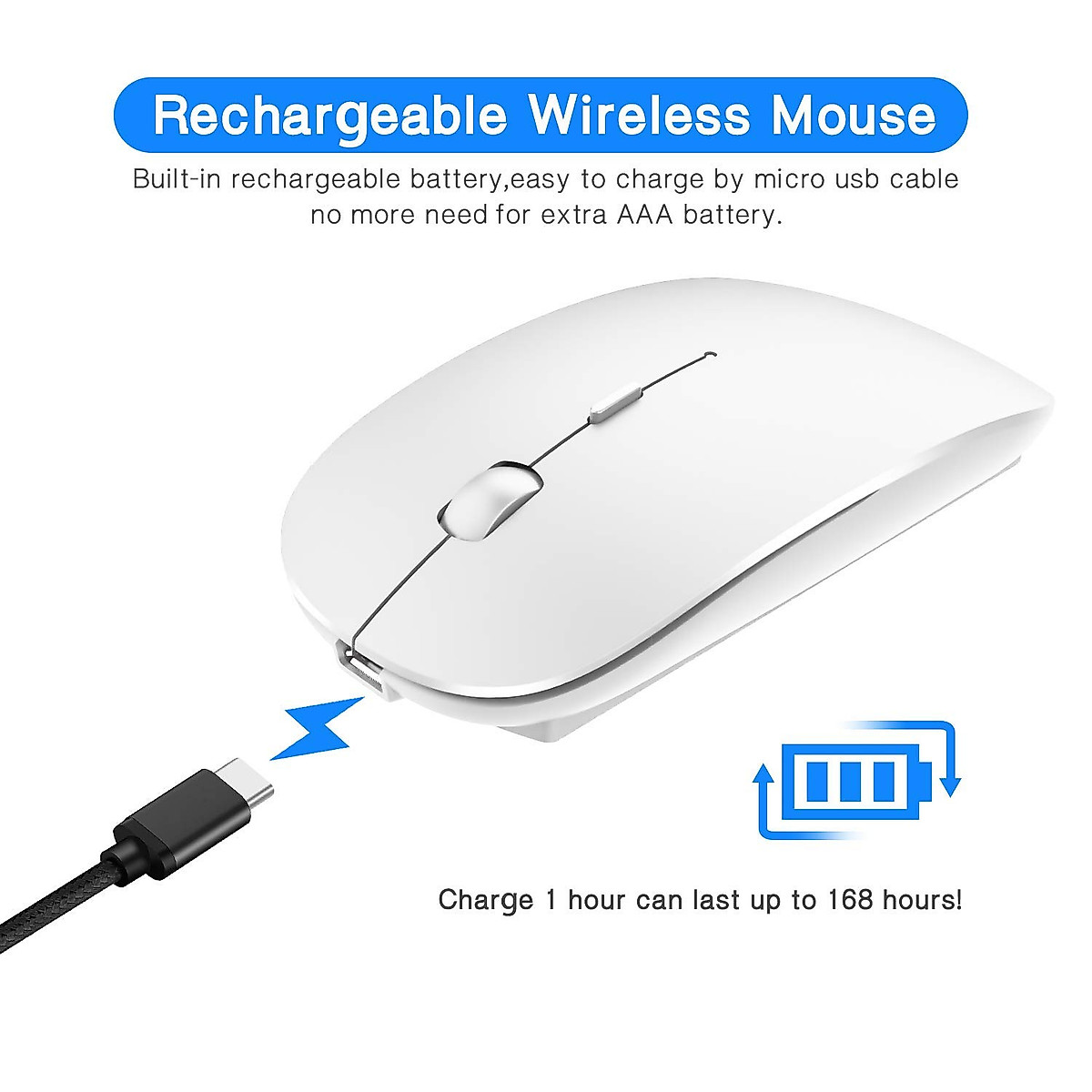 Bluetooth Wireless Mouse, Dual Mode Slim Rechargeable Wireless Mouse Silent Cordless Mouse with Bluetooth 4.0 and 2.4G Wireless, Compatible with Laptop, PC, Windows Mac Android OS Tablet (White)