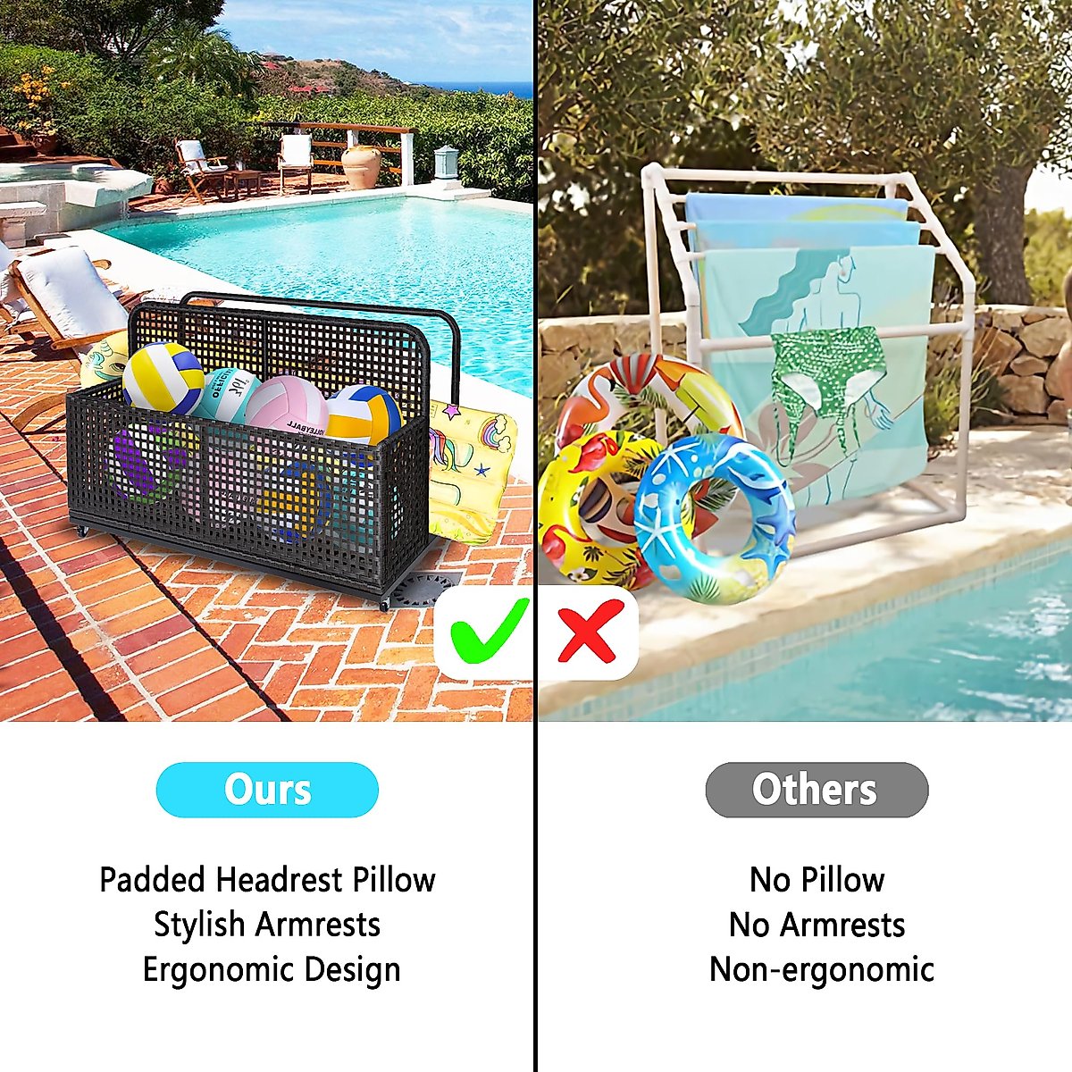 IDEALHOUSE Poolside Float Storage, Outdoor Storage, Patio Poolside Float Storage Basket, Storage Box, PE Rattan Outdoor Pool Caddy with Rolling Wheels for Floaties, Beach-Sturdy & Movable,Black-brown