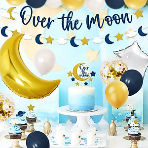 Sinasasspel Over the Moon Baby Shower Decorations Space Party Banner Moon Star Cake Cupcake Toppers Navy Blue Gold Balloons for Twinkle Twinkle Little Star Outer Space First Birthday Supplies