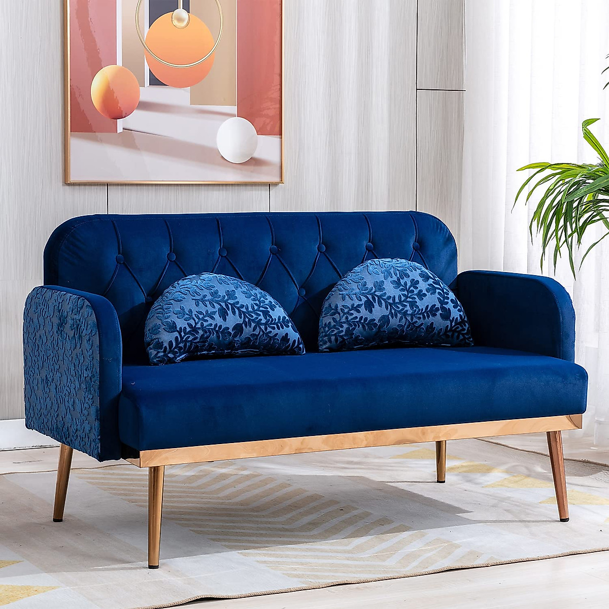 55-inch Small Velvet Couch with Elegant Moon Shape Pillows, Twin Size Loveseat Accent Sofa with Golden Metal Legs, Living Room Sofa with Tufted Backrest, 600 Pounds Weight Capacity, Navy Blue