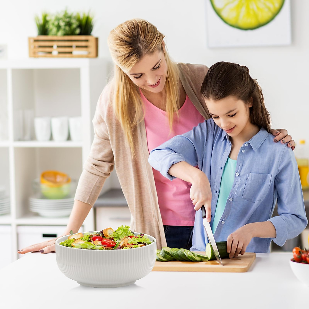 KMIGRUAN 60oz Salad Bowl Set,2 Pack Serving Bowls for Entertaining,8inch Large White Ceramic Bowl for Side Dishes,Soup, Pho, Cereal, Pasta, Fruit, Microwave and Dishwasher Safe