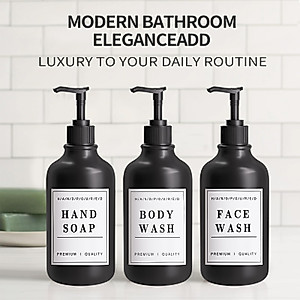 XLHOMO Shampoo and Conditioner Dispenser, Matte Black Body Wash Shower Soap Dispenser Wall Mounted 3 Chamber with Labels Bath Sponge, Drill Free 17oz Plastic Shower Bottles Refillable for Bathroom