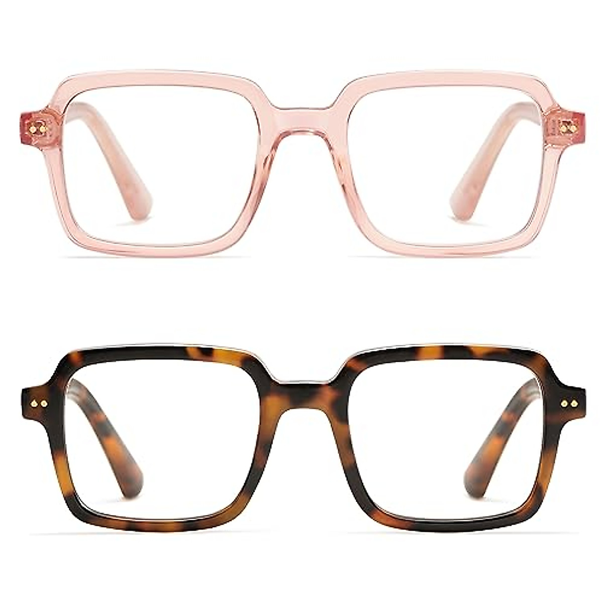 AMOMOMA 2Pack Retro Thin Square Reading Glasses for Women Men,Women's Blue Light Computer Reader AM6105 Crystal Brown+Tortoise 1.5