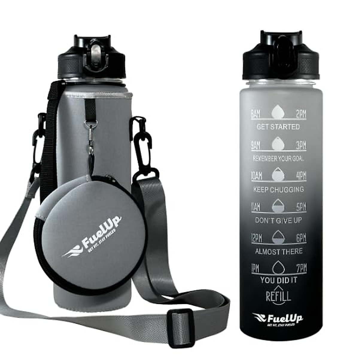 FuelUp Motivational Water Bottle Black with Sleeve, Flip Top Durable BPA Free Tritan Non-Toxic Frosted Bottle Perfect for Office, School, Gym and Workout