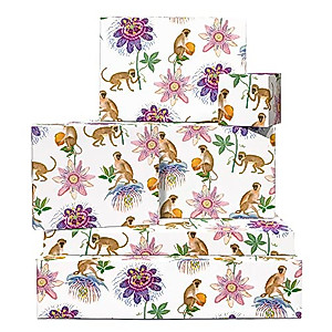 CENTRAL 23 Monkey Wrapping Paper - 6 Sheets of Gift Wrap with Tags - Flower Design - Cute Wrapping Paper for Kids Boys Girls - For Men & Women - Comes with Stickers - Recyclable