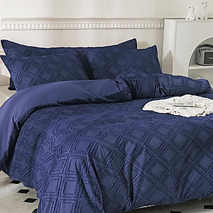 JELLYMONI Navy Blue Duvet Cover Queen Size - 3 PCS Microfiber Tufted Duvet Cover Set, Boho Textured Duvet Cover Jacquard Rhombus Geometric Pattern Duvet Cover with Corner Ties & Zipper Closure