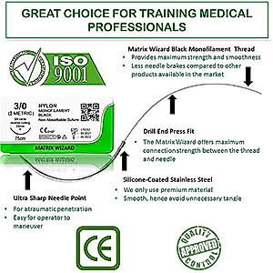 3-0 Sterile Sutures Thread with Needle (Black Monofilament) - Medical and Nursing Student's Surgical Practice Suture Kit, Training with Stitching Pad, First Aid Field Emergency Demo, Vet Use
