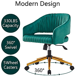 Home Office Chair Swivel Velvet Desk Chair Modern Cute Green Desk Chair with Gold Base for Girls Women Ergonomic Study Seat Computer Task Stools for Living Room (Green)