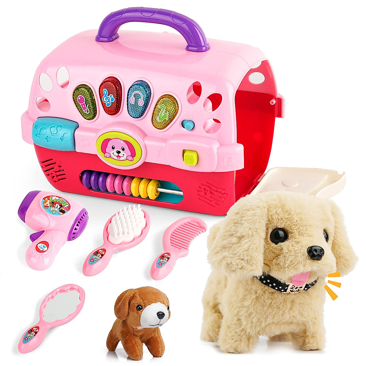 BELLOCHIDDO Dog Toys for Kids, Pretend Play Puppy Dog Toy for Kids with Interactive Electric Dog, 7 Piece Pet Care Playset with Carrier, Educational Toys for 1 2 3 4 5 6 Old Girls