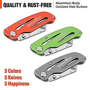 ValueMax Folding Utility Knife Set, All Metal Liner Lock Box Cutter, Quick Change Blade Razor Knife, with 10 Extra SK5 Blades, Set of 3 (Green, Orange, Gray)
