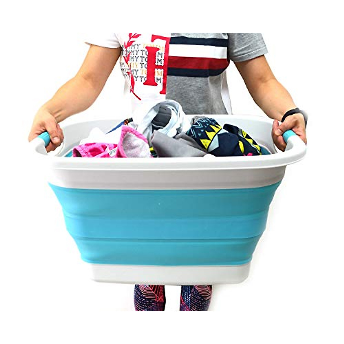 SAMMART 37L (9.77 Gallon) Collapsible Plastic Laundry Basket - Foldable Pop-Up Storage Container/Organizer - Portable Washing Tub - Space Saving Hamper/Basket (1, Grey/Bright Blue)