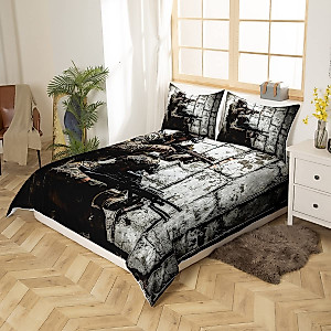 Soldier Comforter Cover, Army Rifle Machine Gun Bedding Sets for Boys, Under Mission Army Duvet Cover Sets, Military Themed Quilt Cover Twin Camouflage Bedroom Decor For Youth Man Gamer Room Decor