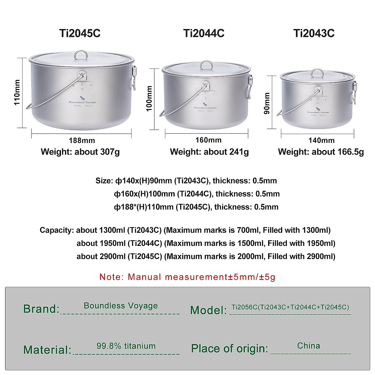 Boundless Voyage Titanium Hanging Pot for Outdoor Camping Backpacking Hiking Ultralight Portable Cooking Pot Camp Kitchen Cookware 1300ML/1950ML/2900ML (3 Pcs Set)