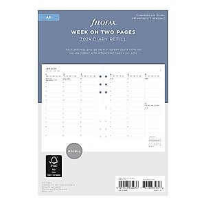 Filofax Calendar Diary Refill, A5 Size, Week-to-View with Appointments, Minimal Diary Pack, Vertical, White Paper, Multilingual: Five Languages, 2024 (C68593-24)