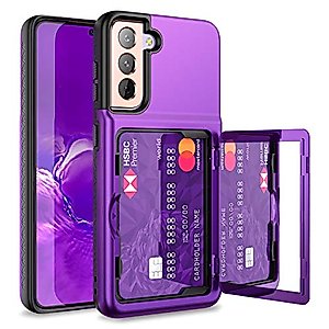 WeLoveCase for Samsung Galaxy S21 Wallet Case with Credit Card Holder & Hidden Mirror, Defender Protective Shockproof Heavy Duty Protection Phone Cover for Samsung Galaxy S21 5G, 6.2 inch Purple