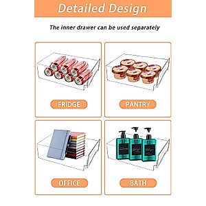 Ornafort 2Pack Clear Fridge Drawer Organizer Stackable Refrigerator Drawers Pull Out Bins Plastic Sliding Home Edit Storage Containers for Bathroom Pantry Cabinet Kitchen,as ​Gift(Not Dishwasher Safe)