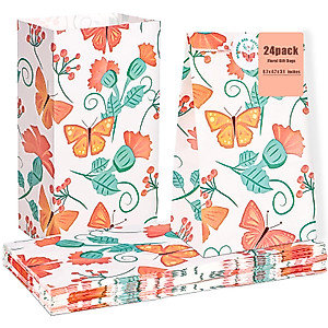 Shindel 24PCS Paper Gift Bags with Stickers, Butterfly Candy Bags Floral Treat Bags Party Favor Goodie Bags for Women Girls Birthday Party Tea Party