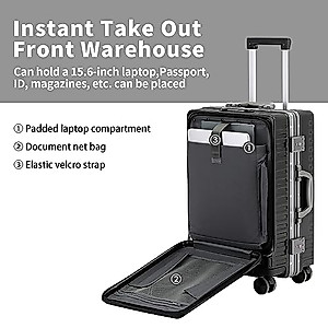 CAARANY Airline Approved Carry On Luggage With Front Pocket,20 Inch Aluminum Frame Luggage With Usb Charging Port,Pc Hard Case Travel Suitcase With Spinner Wheels And Tsa Lock（Black）