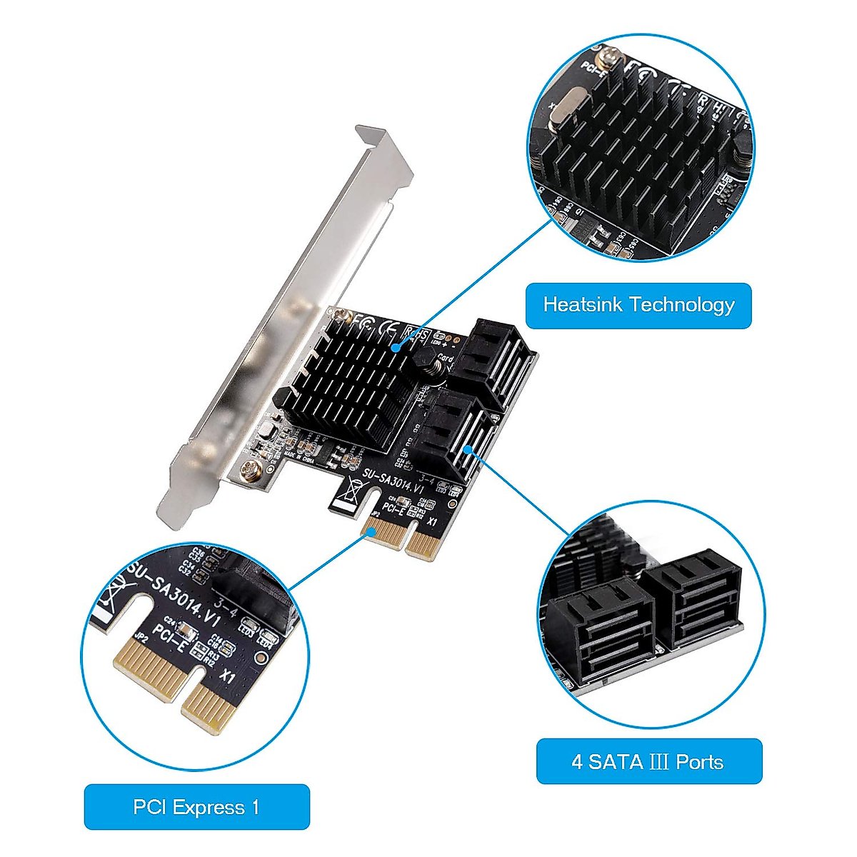 SATA Card 4 Port with 4 SATA Cables, 6 Gbps SATA 3.0 Controller PCI Express Expression Card with Low Profile Bracket Support 4 SATA 3.0 Devices