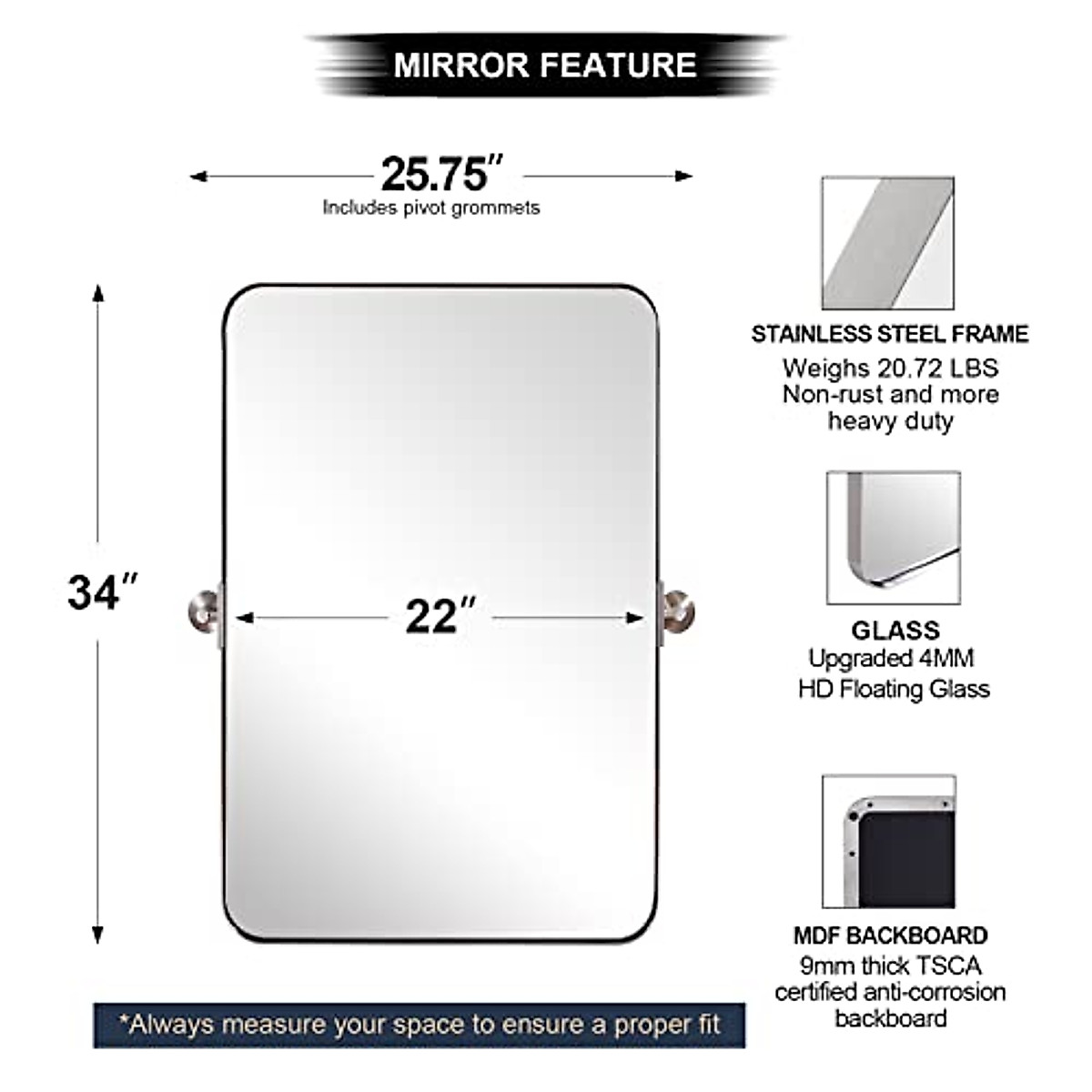 ANDY STAR 22"x34" Brushed Nickel Pivot Mirror for Bathroom, Silver Metal Frame Bathroom Mirrors for Wall，Rectangle Titling Vanity Wall Mirror with Rounded Corner Design Hangs Vertically Only