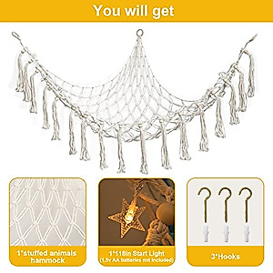 Auksay Stuffed Animal Net or Hammock with Star Light,Plush Toy Triangle Hanging Storage Net,Stuffed Animal Storage Stand with Hooks,Hanging Storage Net for Kids Room Decoration Girl Plush Toys-White