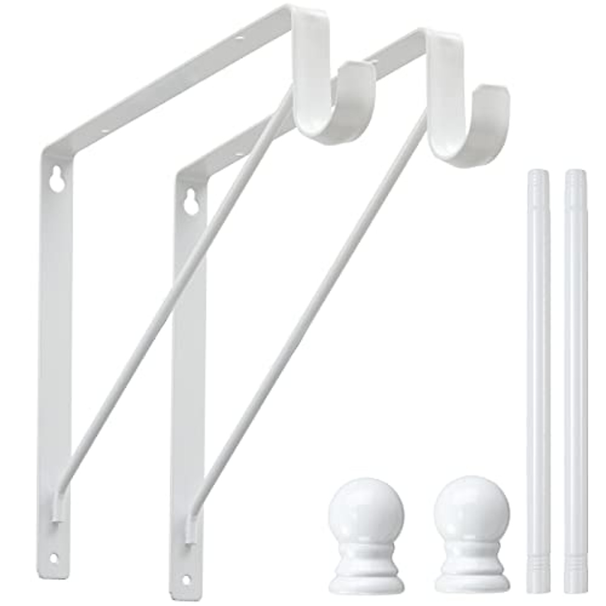 Closet Rod Brackets with 32" Rod, Heavy Duty Closet Shelf Brackets with Rod Holder for Shelf Storage and Hanging Clothes, 2 Pack Wall Mount Closet Pole Supports Bracket, White