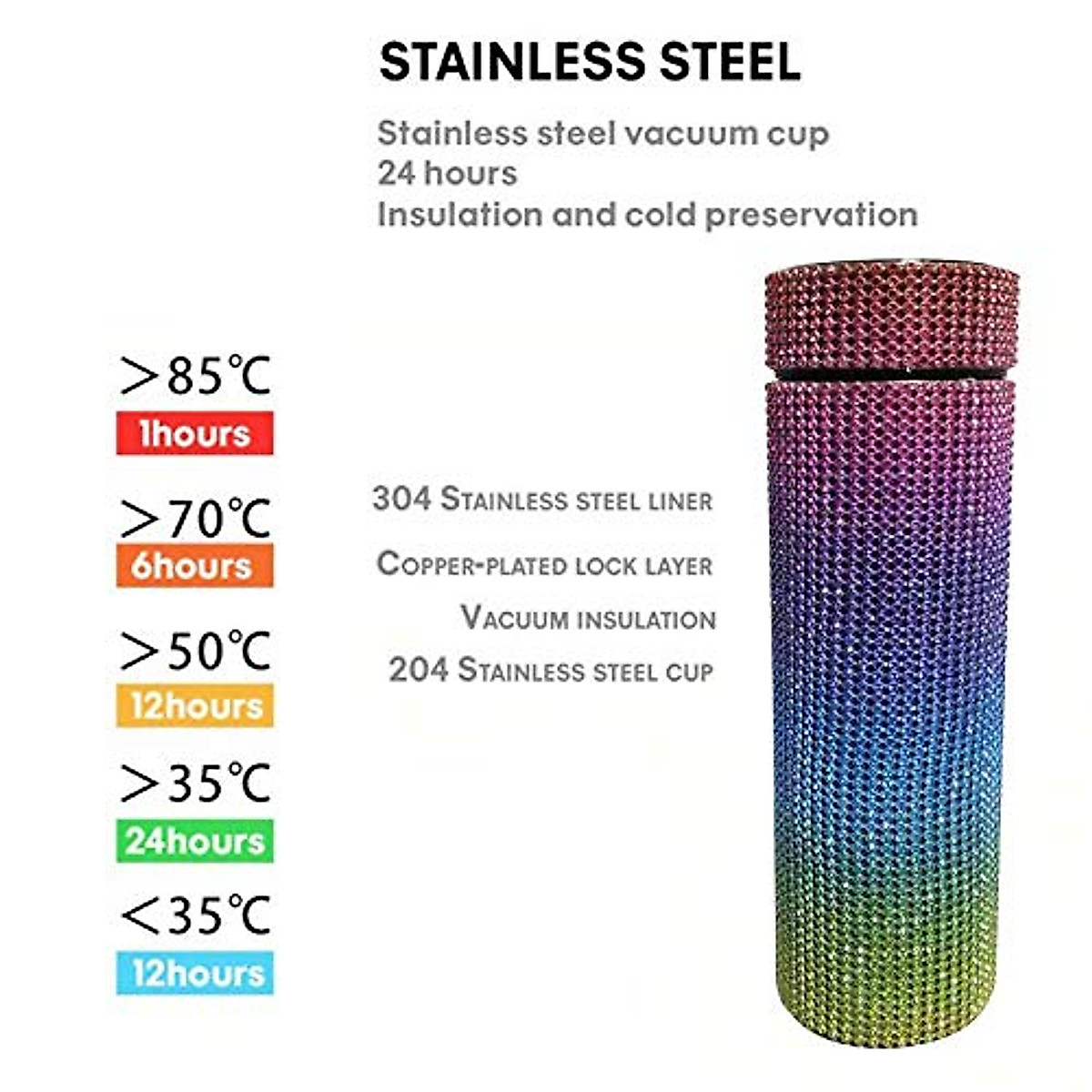 Thermos Water Bottle for Women Men Kids, Haokanba Diamond Rhinestone Thermos Cup with Temperature Display, Bling Vacuum Sparkling Insulated Water Bottle Travel Mug Stainless Steel with Lid, 17 oz (B)