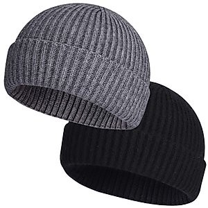 ROYBENS 2pcs Swag Wool Fisherman Beanies for Men, Knit Short Watch Cap Winter Warm Hats