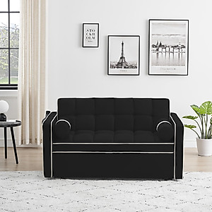 LITVZ Love Seat Sleeper Bed, 3 in 1 Convertible Sleeper Sofa Couch with Pull Out Bed, Velvet Futon Sofa Bed with Phone Holder, Pillows and Pockets for Living Room Apartment Small Place (Black)